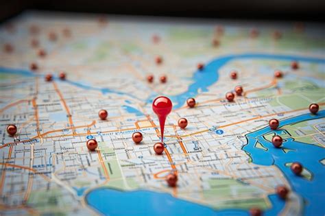 파리 지도에서 빨간 핀을 가진 여행 개념 길을 찾기 경로를 가진 지도에서 핀으로 위치 표시 인공지능 생성 프리미엄 사진