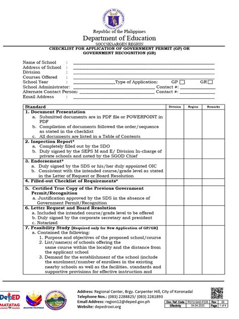 Qad Checklist For Application For Government Permit Or Recognition Pdf