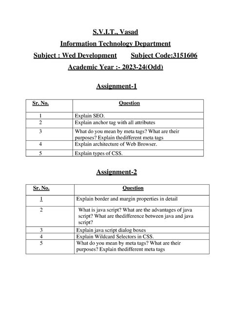 Wd Assignment Assign Svi Vasad Information Technology Department Subject Wed