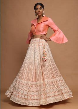 Pinkish Peach Lucknowi Lehenga And Crop Top With Bell Sleeves And
