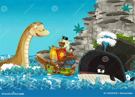 Cartoon God Of The Seas And Oceans In Toga And Crown With Trident