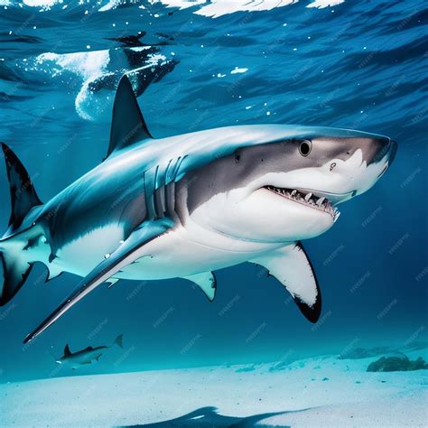 Un Tiburón Nada En El Océano Con Un Hombre Nadando Al Fondo Foto Premium