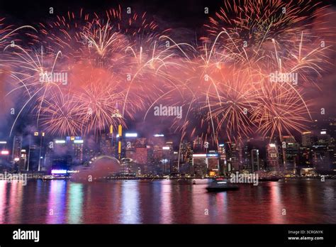 Fireworks Exploding Over Victoria Harbor During The China National Day