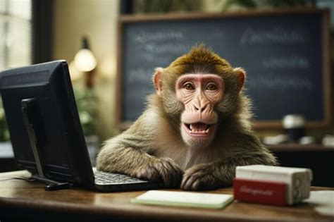 Mono En Un Aula Con Una Computadora Portátil En Una Mesa De Madera