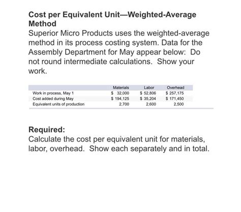 Solved Cost Per Equivalent Unit Weighted Average Method