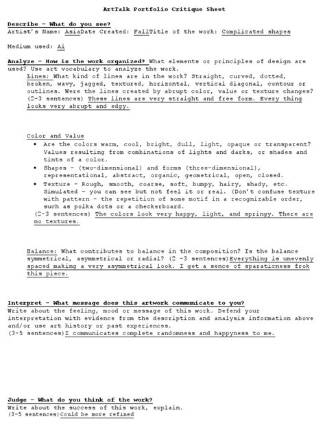 Arttalk Portfolio Critique Sheet Fillable 11 Pdf Language Arts