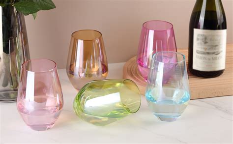 Physkoa Colored Wine Glasses Set Of 6 Stemless Colorful