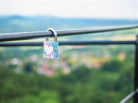 Locked Lock Hangs On The Metal Fence Symbol Of Love In The Park Stock Image Image Of Iron