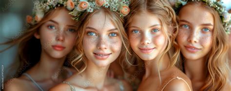 Four Young Women With Long Blonde Hair And Blue Eyes Are Smiling For The Camera Stock