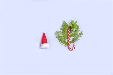 Santa Hat Thuja Twigs Candy On Sticks On A Light Background Stock
