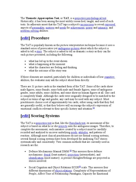 The Thematic Apperception Test Psychology Behavioural Sciences