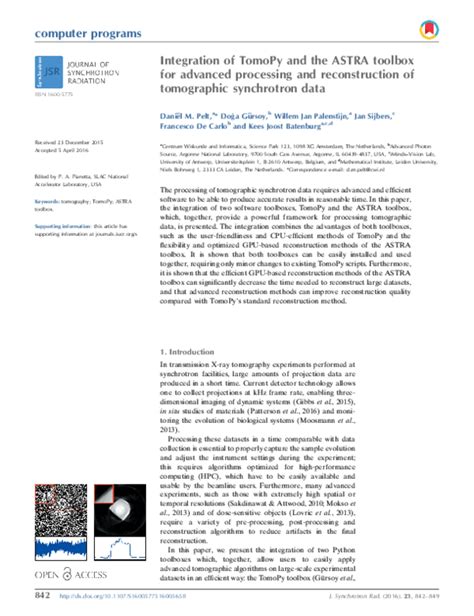 Pdf Integration Of Tomopy And The Astra Toolbox For Advanced