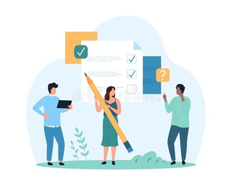 Questionnaire List Filling Out Test Form Answer On Question By Tiny People With Pencil Stock