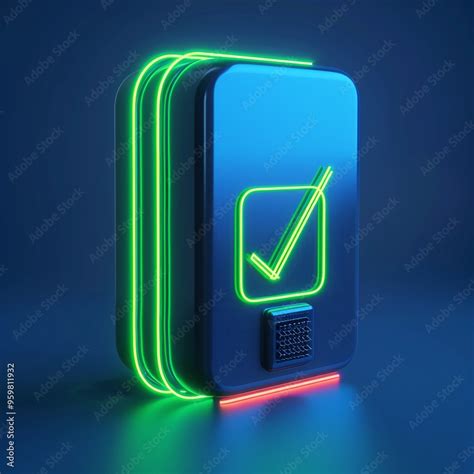 Futuristic Neon Security Device Illustration With A Checkmark Symbol