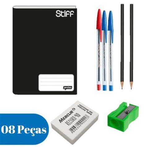 Kit Escolar 8 Itens Caderno Caneta Lápis Borracha Apontador Kit