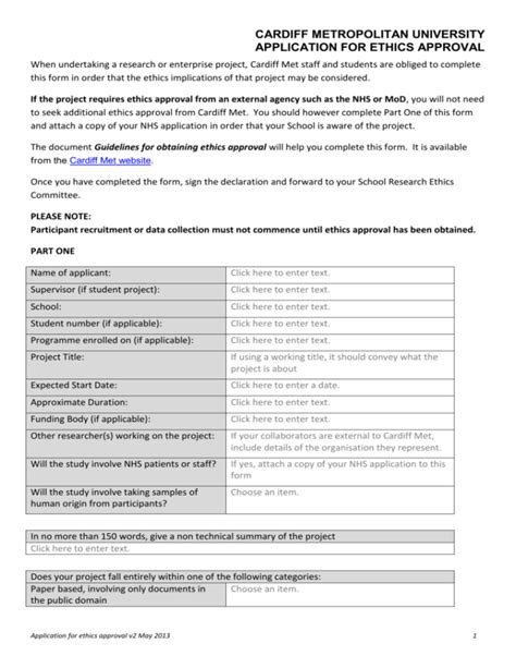 Cardiff Met Ethics Approval Application Form