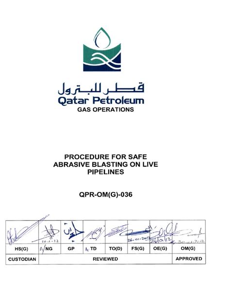 procedure for safe abrasive blasting on live pipelines qpr om g