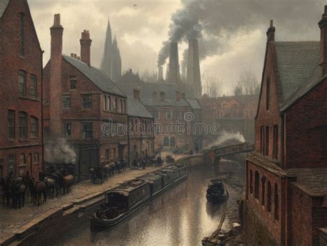 Manchester Industrial Revolution Skyline With Mills And Smoky Canals