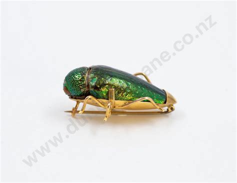 Iridescent Green June Bug Brooch Edwardian 9ct Mounted Brooches
