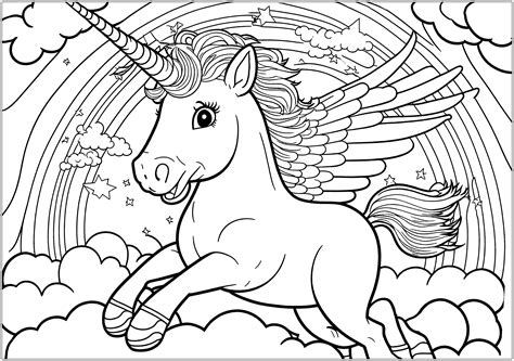 Unicorn In The Sky With A Rainbow Unicorn Coloring Pages