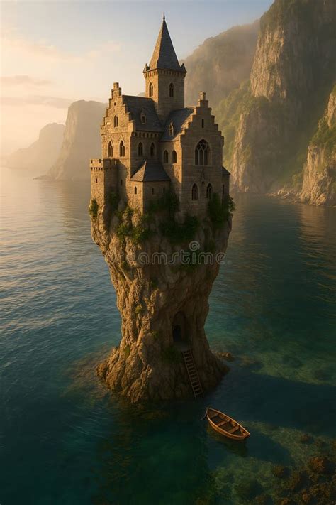 A Grand Castle Stands On A Sheer Rocky Island Rising From The Sea With