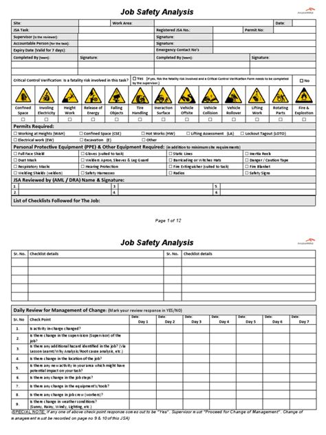 Job Safety Analysis Checklist Pdf Safety