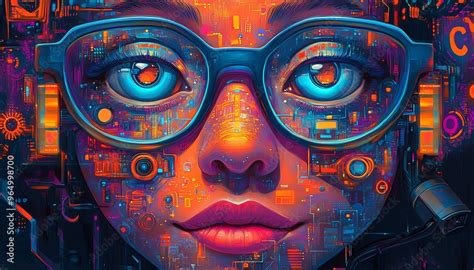 Stylized Nerd Face With Large Glasses A Quirky Smile And Digital