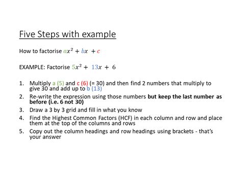 The Five Step Grid Method For Factorising Quadratics Variation Theory