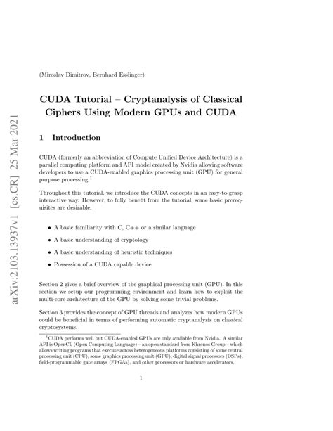 Pdf Cuda Tutorial Cryptanalysis Of Classical Ciphers Using Modern Gpus And Cuda