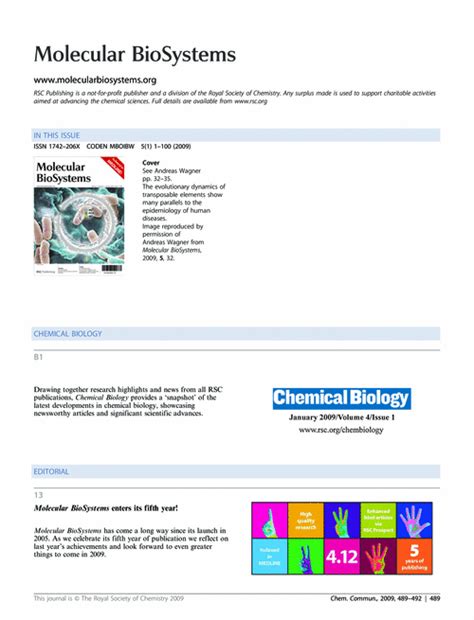 Molecular Biosystems Issue 1 Contents Pages Chemical Communications