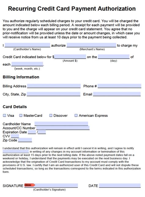 Free Recurring Credit Card Payment Authorization Form Pdf Word
