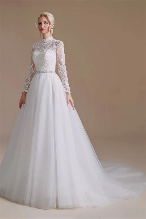 Modest A Line High Neck Long Sleeves Wedding Dress With Tulle Lace