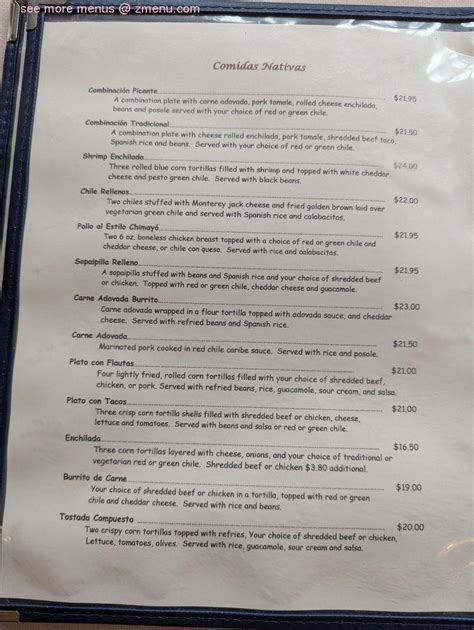 Online Menu Of Rancho De Chimayó Restaurant Chimayo New Mexico 87522