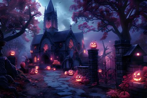 Halloween Haunted Church Jack O Lantern Path Backdrop Rr7 375