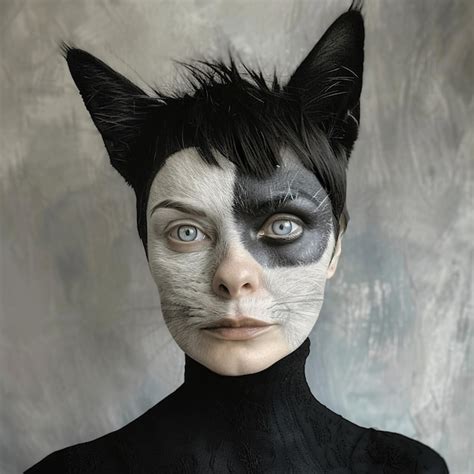 A Woman With A Cat Face And A Black Cat Face And A Gray Background Premium Ai Generated Image