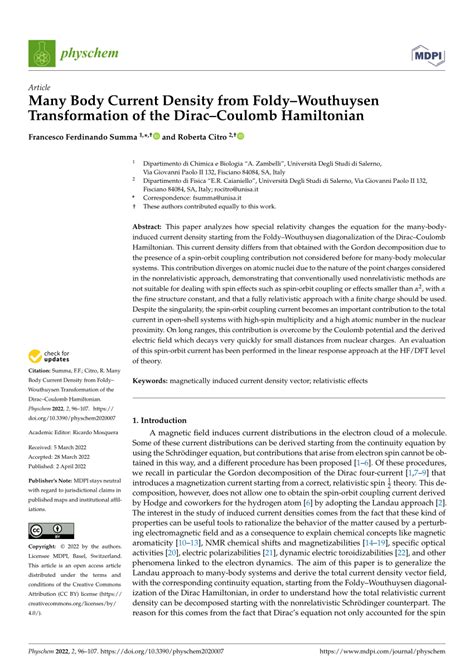 Pdf Many Body Current Density From Foldywouthuysen Transformation Of The Diraccoulomb