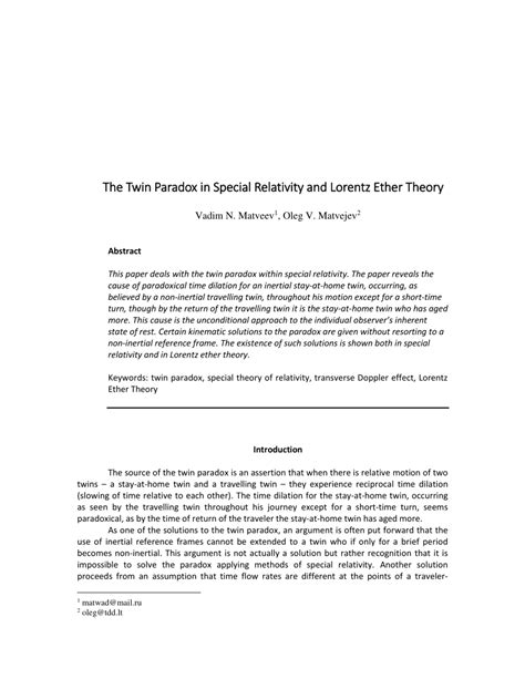 Pdf The Twin Paradox In Special Relativity And Lorentz Ether Theory