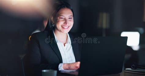 Night Business And Woman With Laptop Thinking And Problem Solving