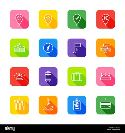 JPEG White Line Travel Icon Set On Colorful Rounded Rectangle With Shadow For Web Design UI
