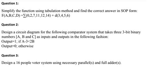 Solved Question 1 Simplify The Function Using Tabulation