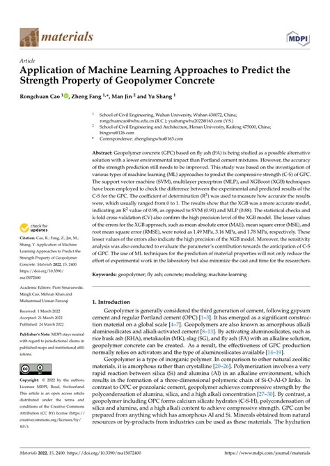 Pdf Application Of Machine Learning Approaches To Predict The Strength Property Of Geopolymer