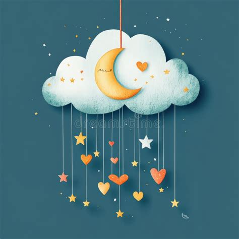 Whimsical Cloud With Moon And Stars In Soft Pastel Colors Stock