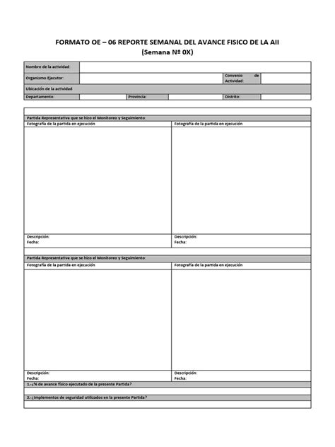 Formato Oe 06 Reporte Semanal De Avance FÍsico De La Aii Pdf