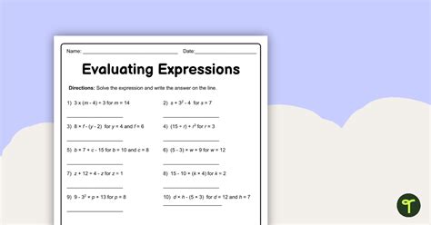 Evaluate Expressions Worksheet