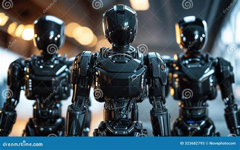 Android Robots Three Black Shiny Robots Sky Fi Robots In The Office