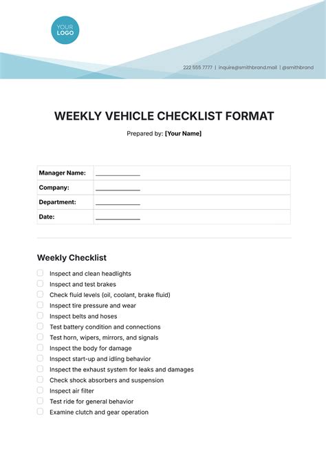 Vehicle Safety Checklist Template
