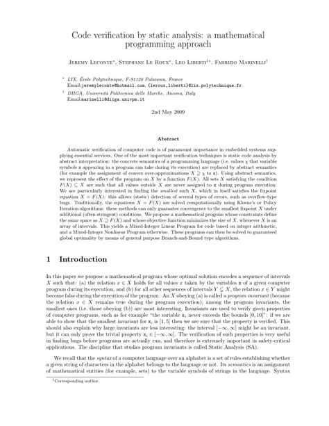 Pdf Code Verification By Static Analysis A Mathematical Programming