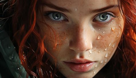 Premium Photo A Cute Redhead Girl Wet From Rain Smiling At Camera Generated By Artificial
