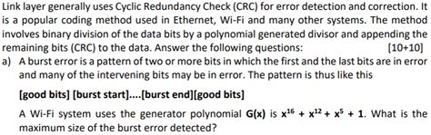Solved Link Layer Generally Uses Cyclic Redundancy Check