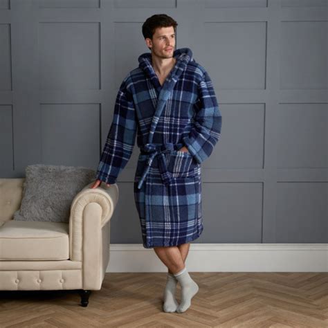 Ohs Tartan Check Print Teddy Dressing Gown Adults Navy